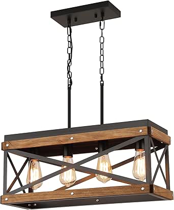 Rustic Farmhouse Wood Kitchen Island Lighting, 4 Lights Rectangular ...