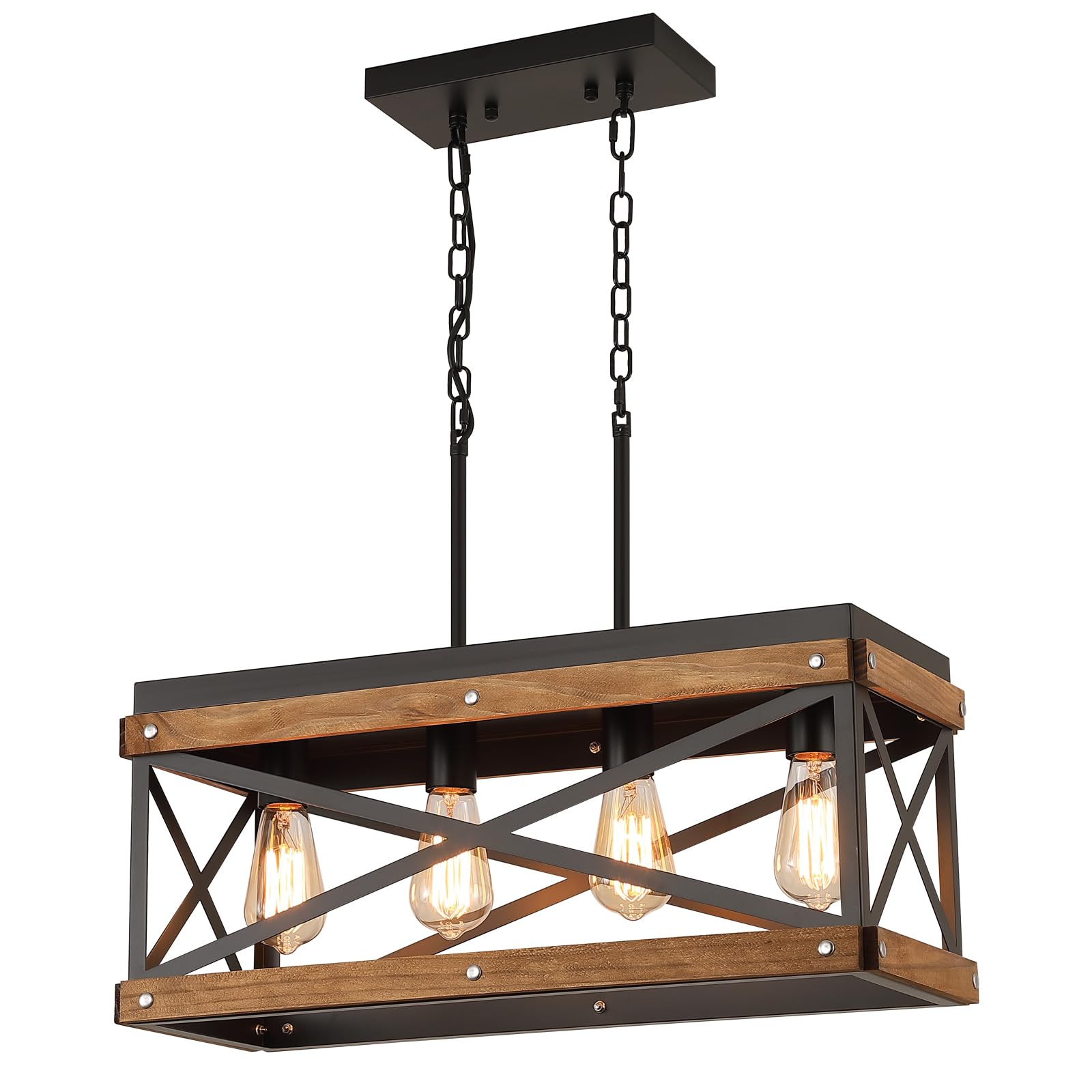 Rustic Farmhouse Wood Kitchen Island Lighting, 4 Lights Rectangular ...