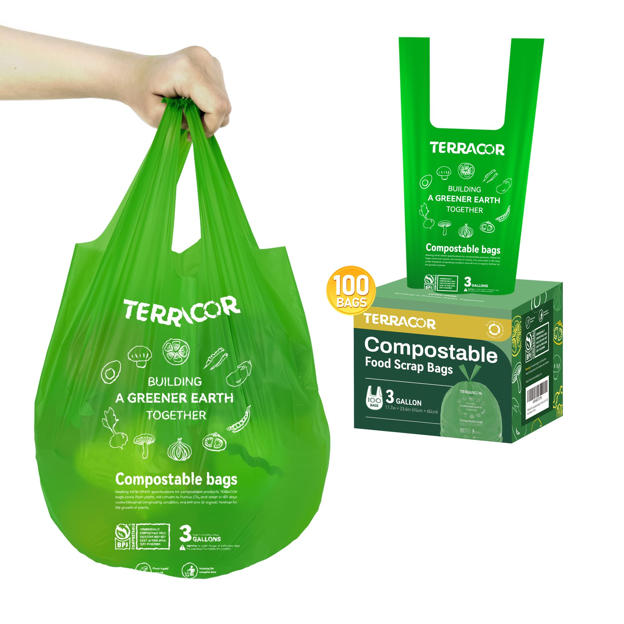 Amazon.com: TERRACOR Compost Bags, Handle Tie Food Scrap Bags 3 Gallon ...