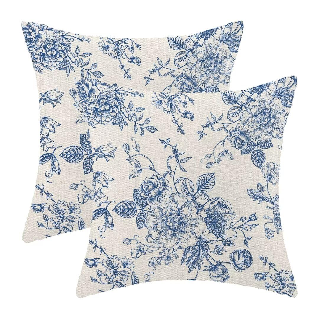 Amazon.com: AEIOAE Chinoiserie Floral Pillow Covers 18 x 18 Inch Set of 2, Vintage Blue Flower ...