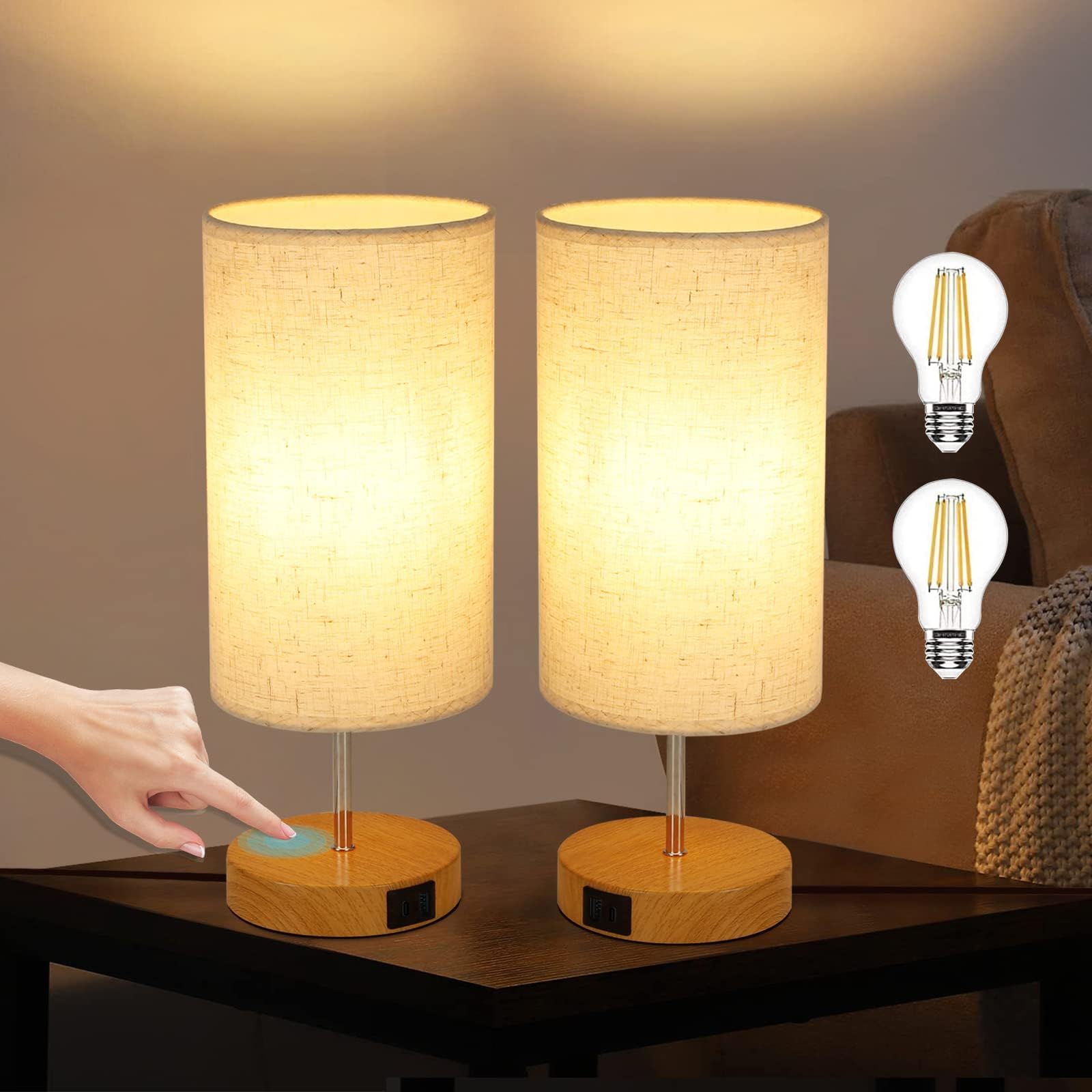 Amazon.de: Lightess 2er Set Nachttischlampe Touch Dimmbar Holz ...