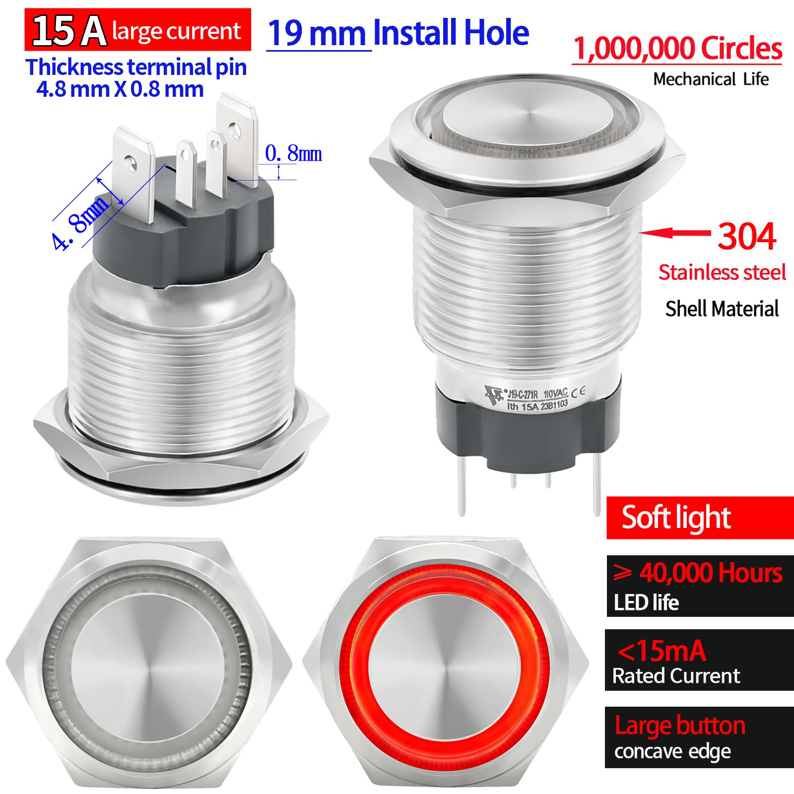Snapklik.com : 19mm Momentary Push Button Switch 15Amp Red 3/4inch ...