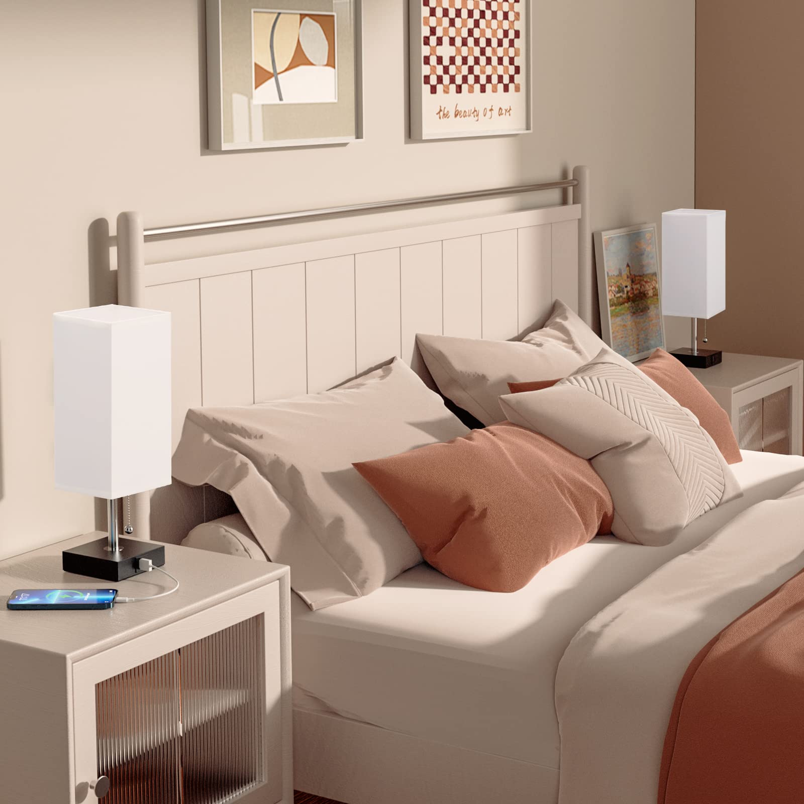 Snapklik.com : White Bedside Table Lamps Set Of 2 - Pull Chain Bedroom ...