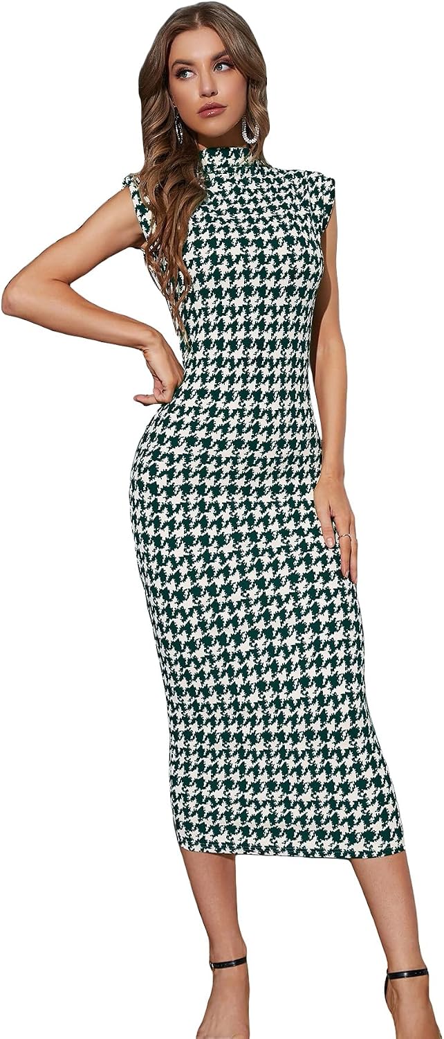 WDIRARA Women's Houndstooth Mock Neck Sleeveless Shoulder Pads Bodycon ...