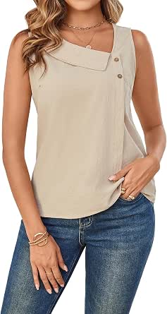 Amazon.com: Women's Asymmetrical Neck Button Front Sleeveless Tops ...