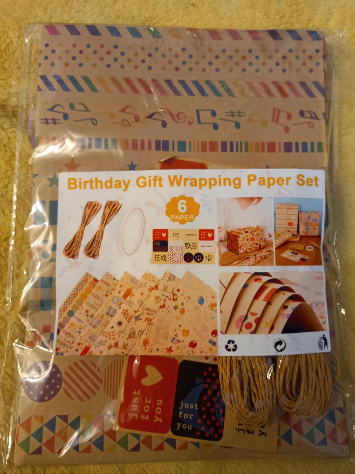 Birthday Wrapping Paper Set, 6 Sheets Wrapping Paper, 2 Pcs String, 1 ...