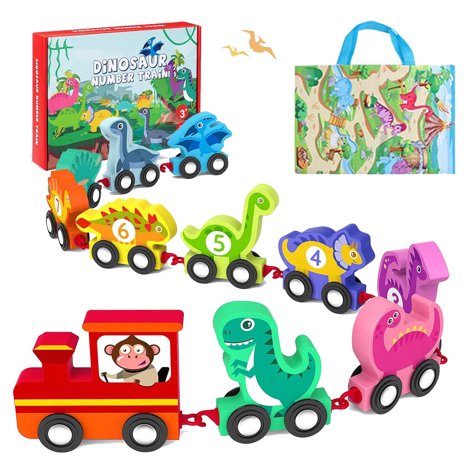 Wooden Dinosaur Number Train Sets for Kids 2-4, Car Toys Gift for 1 2 3 ...