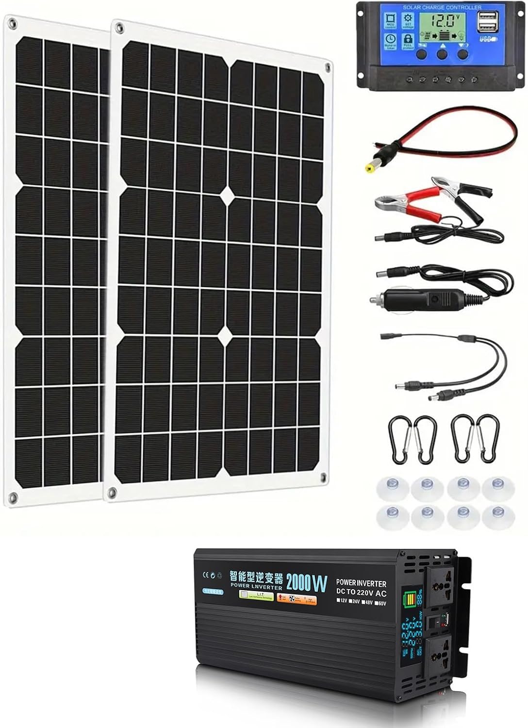 Solar Power System Kit 2000W 12V to 220V Power Inverter + 20W *2 Solar ...