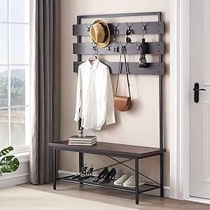 Amazon.com: FELLYTN Industrial Hall Tree for Entryway, Wood and Metal ...