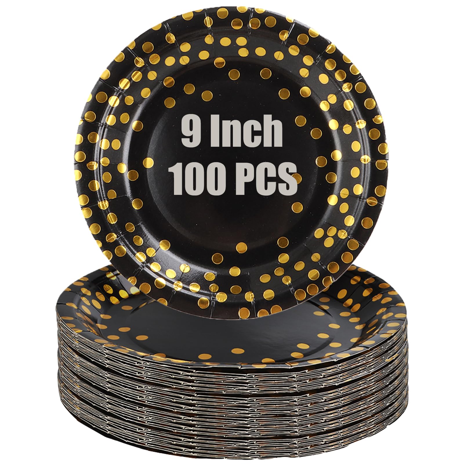 DAJAVE 100 Pcs Party Paper Plates 9Inch Black and Gold Paper Plates ...