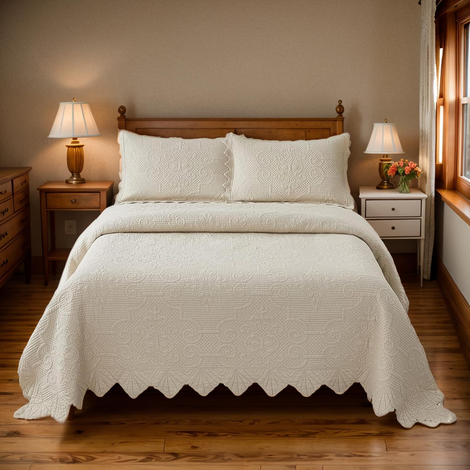 Amazon.com: Brandream King Size Quilt Set Cotton Beige Quilts Elegant ...