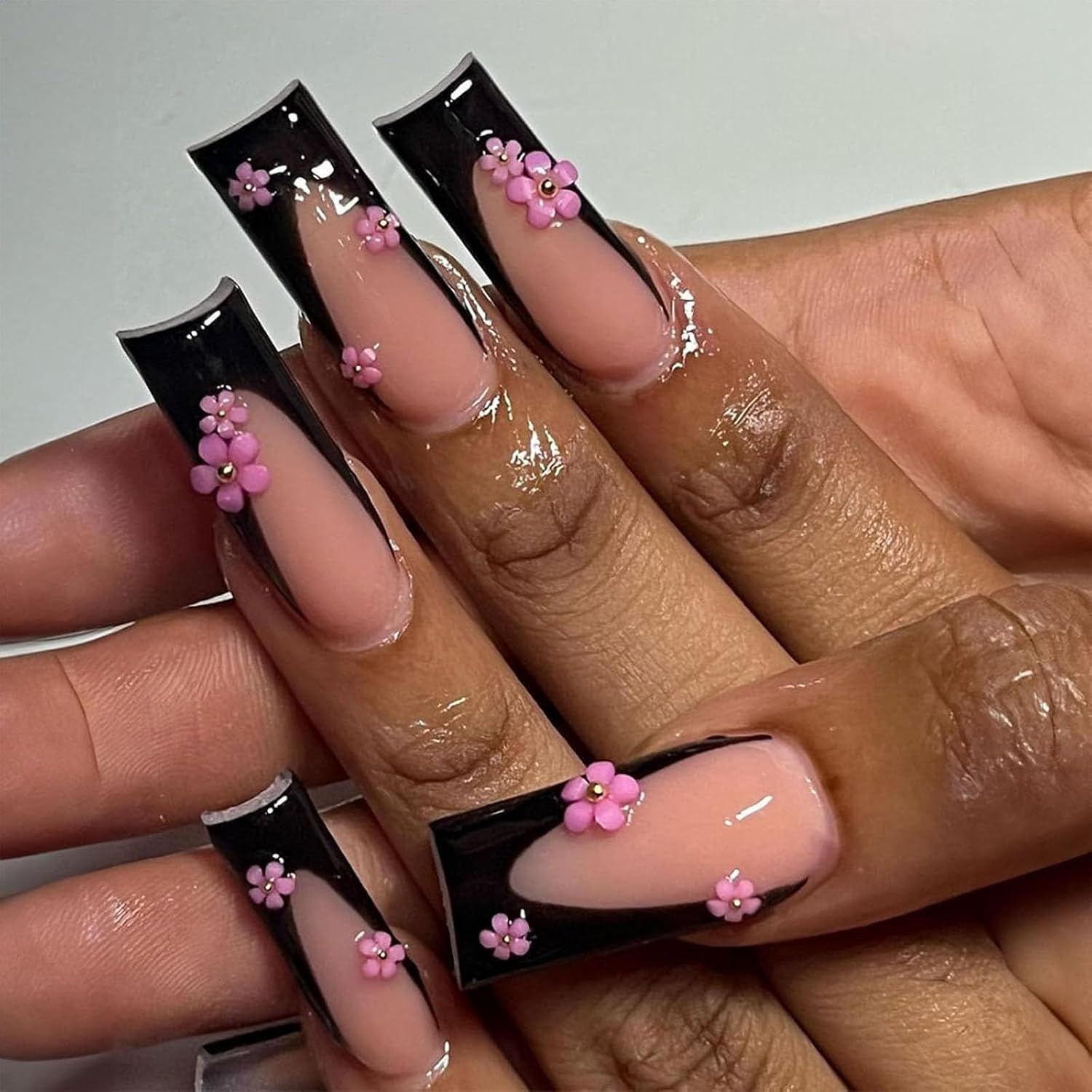 Amazon.com: Long Press on Nails Square False Nails Black French Tip ...