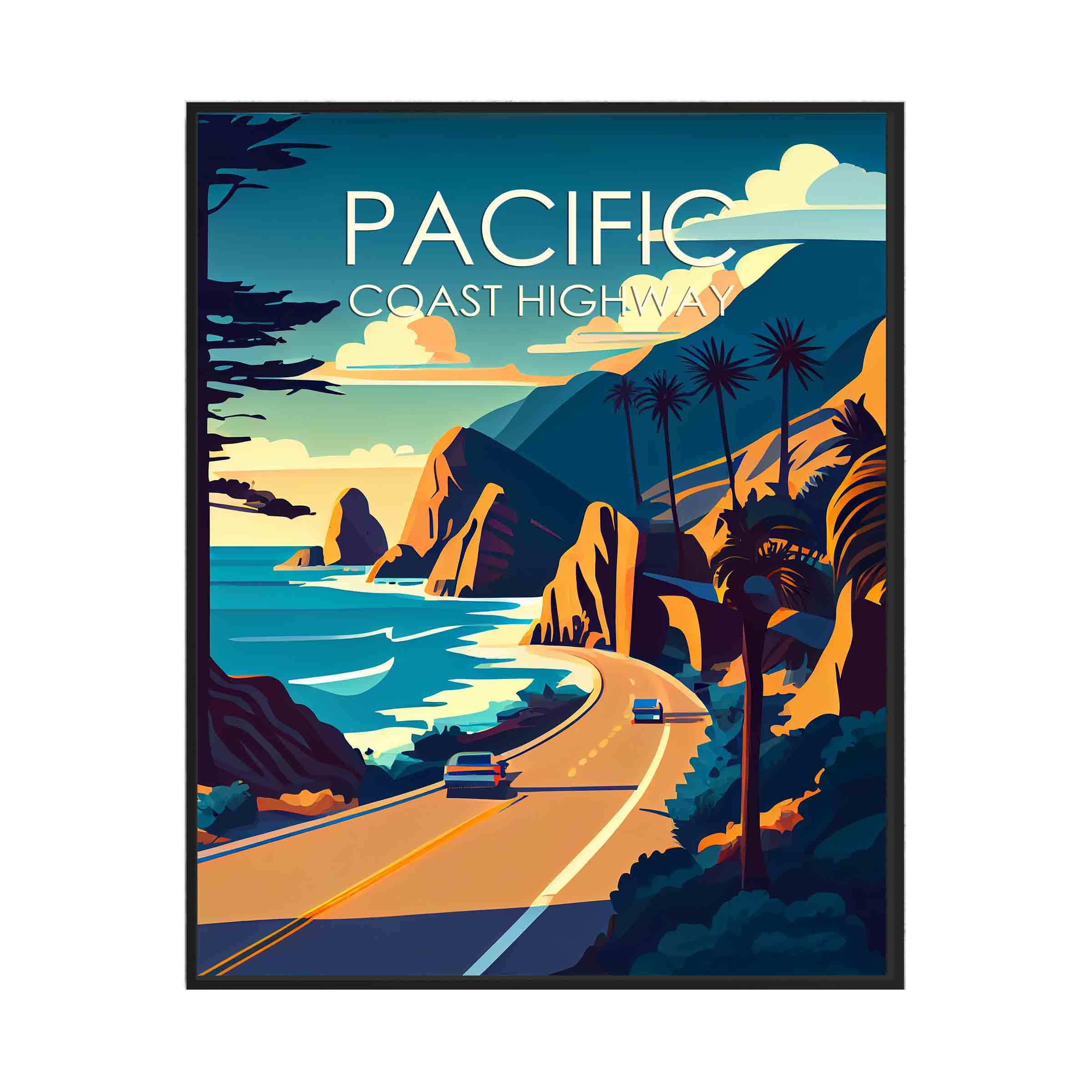 Amazon.com: Pacific Coast Highway Poster Art Print, Retro City Mountain ...
