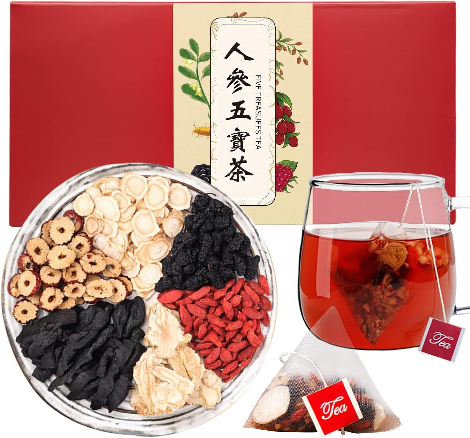 Amazon.com : Ginseng Five Treasures Tea Kidney Tea, Zhu Gen Wu Bao Cha ...