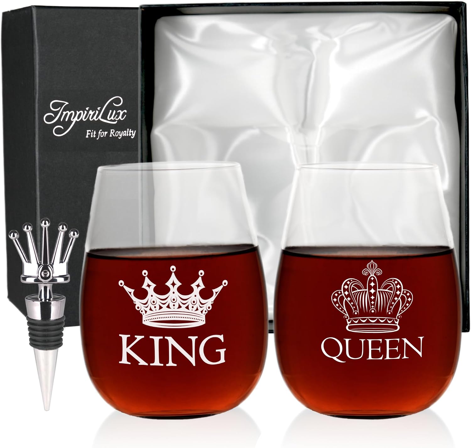 Amazon.com | ImpiriLux King and Queen Stemless Wine Glass Set with Wine ...