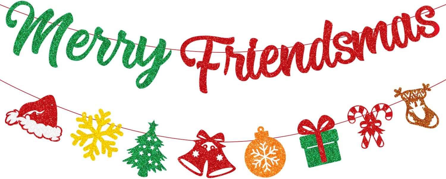 Amazon.com: JKQ Red Green Glitter Merry Friendsmas Banner and Colorful ...