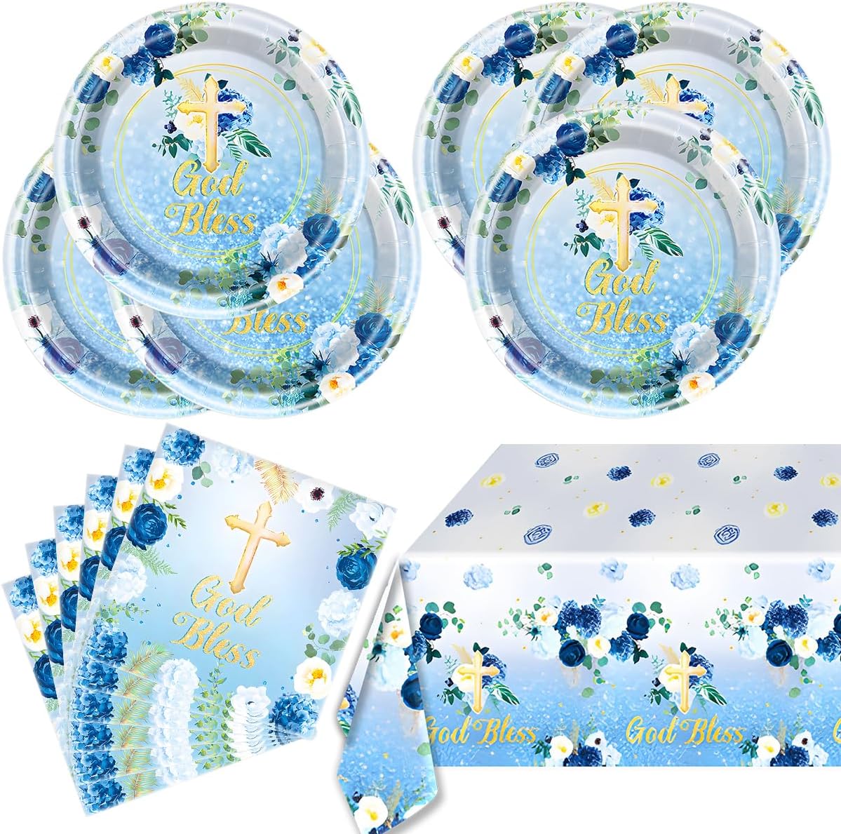 Amazon.com: OULUN Blue God Bless Tableware Set,First Communion 20 ...