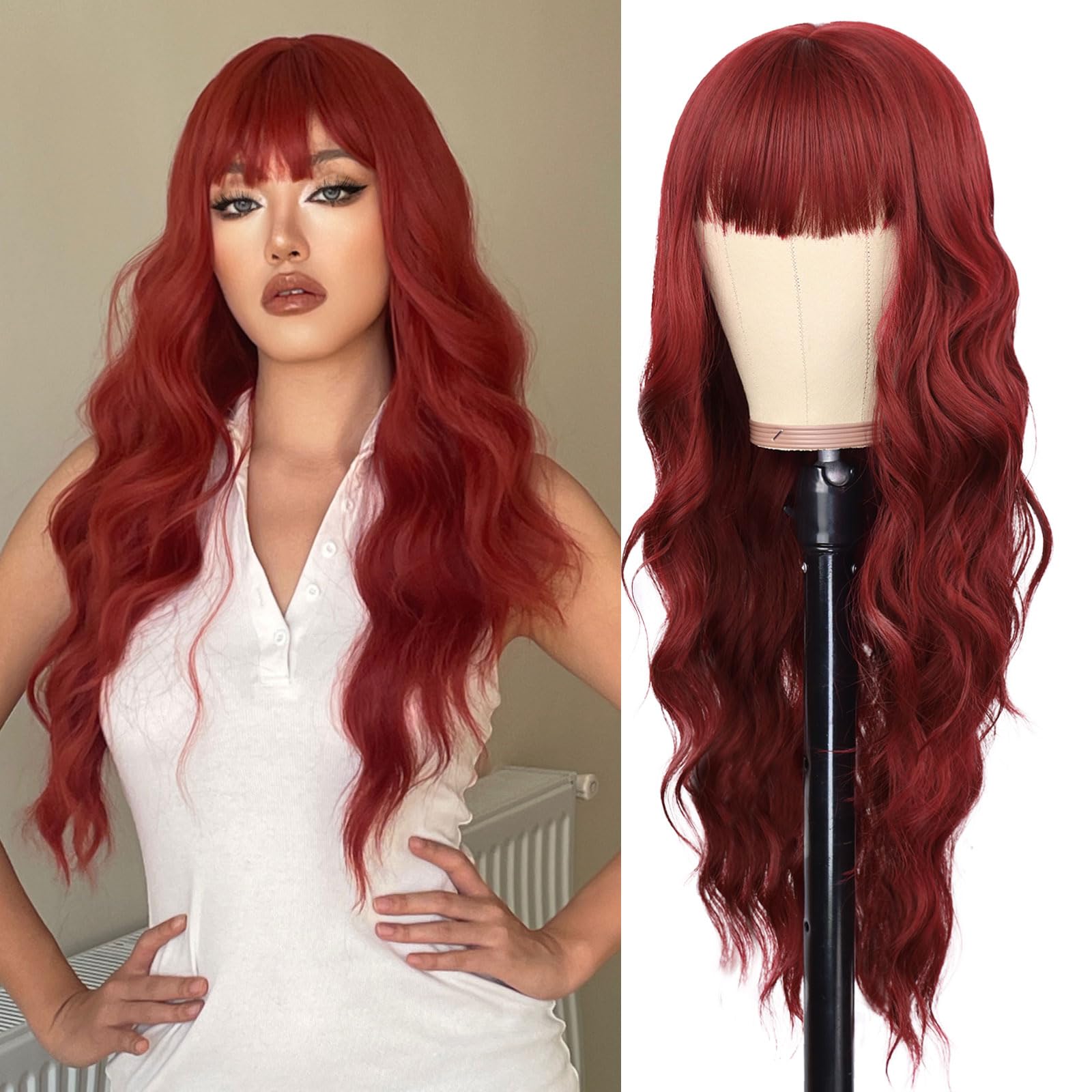 Amazon.com : Wallden Hair Red Wig With Bangs Long Red Culry Wavy Women ...