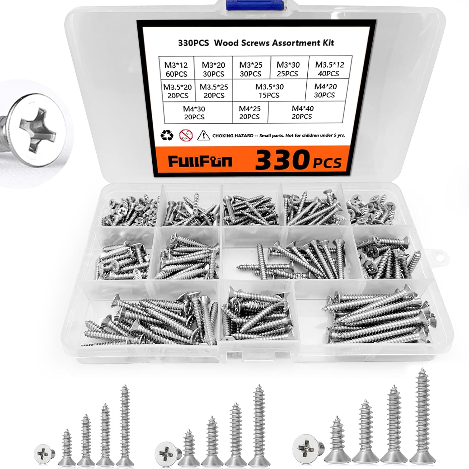 FullFun 330PCS Wood Screws Assortment Kit, M3 M3.5 M4 Stainless Steel ...