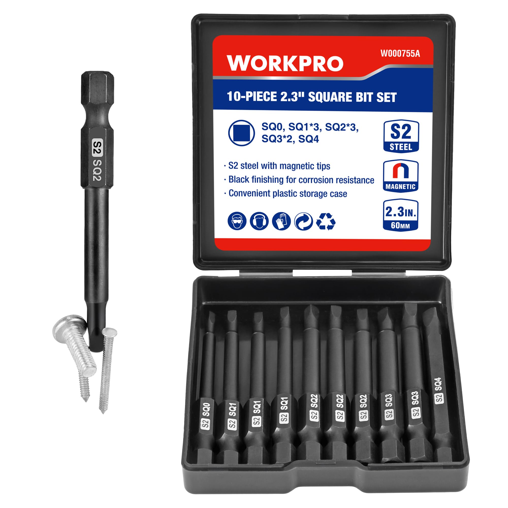 WORKPRO 10pcs Square Bit Set, CNC Machined S2 Steel Magnetic ...