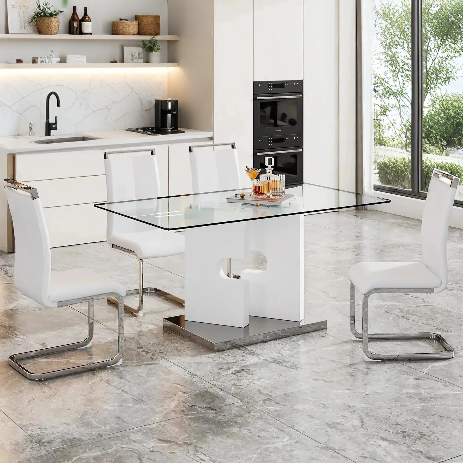 Amazon.com - Ebullient 63'' Glass Dining Table Set for 4，White Glass ...