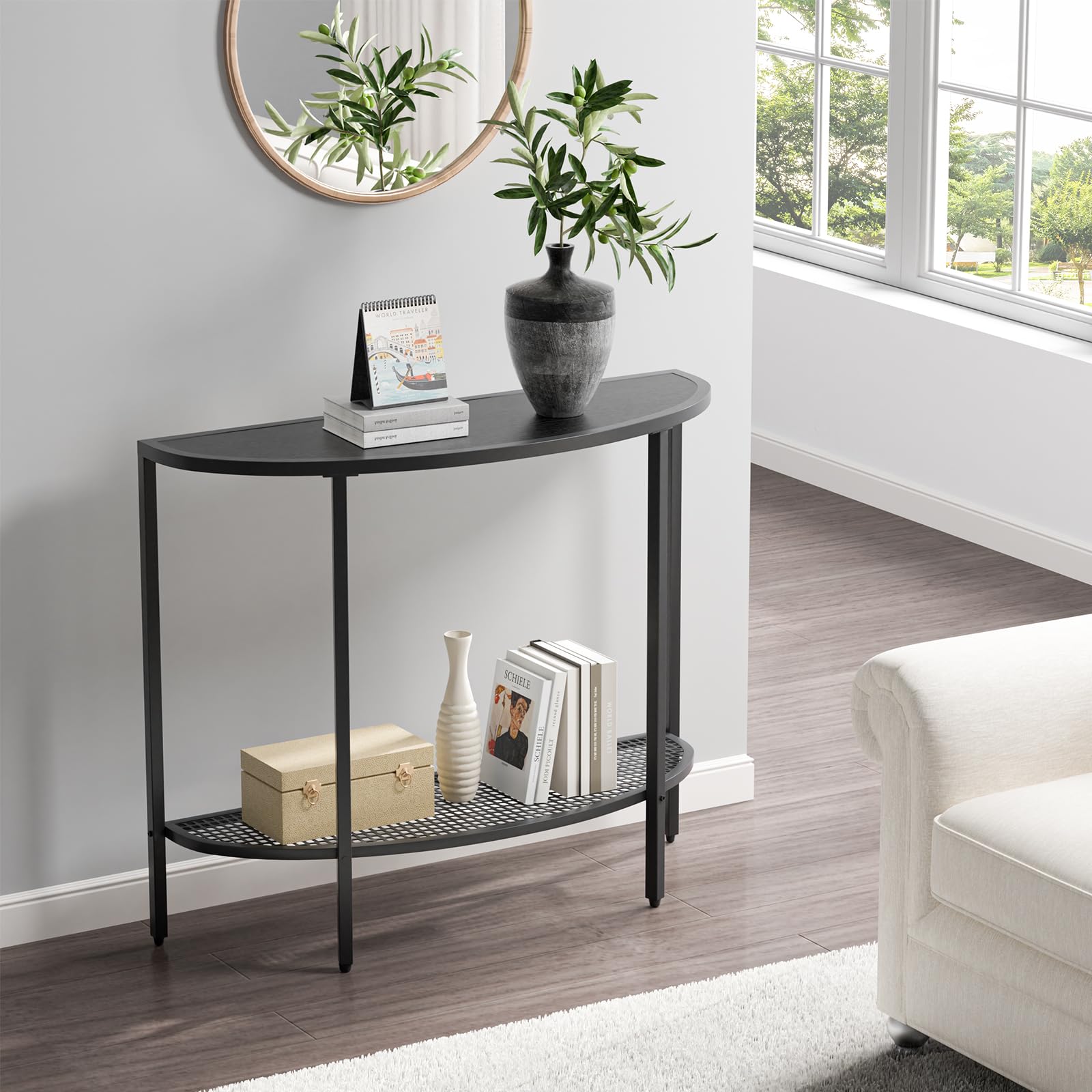 SAYGOER Black Half Moon Console Table 2 Tier Narrow Entryway Table with ...