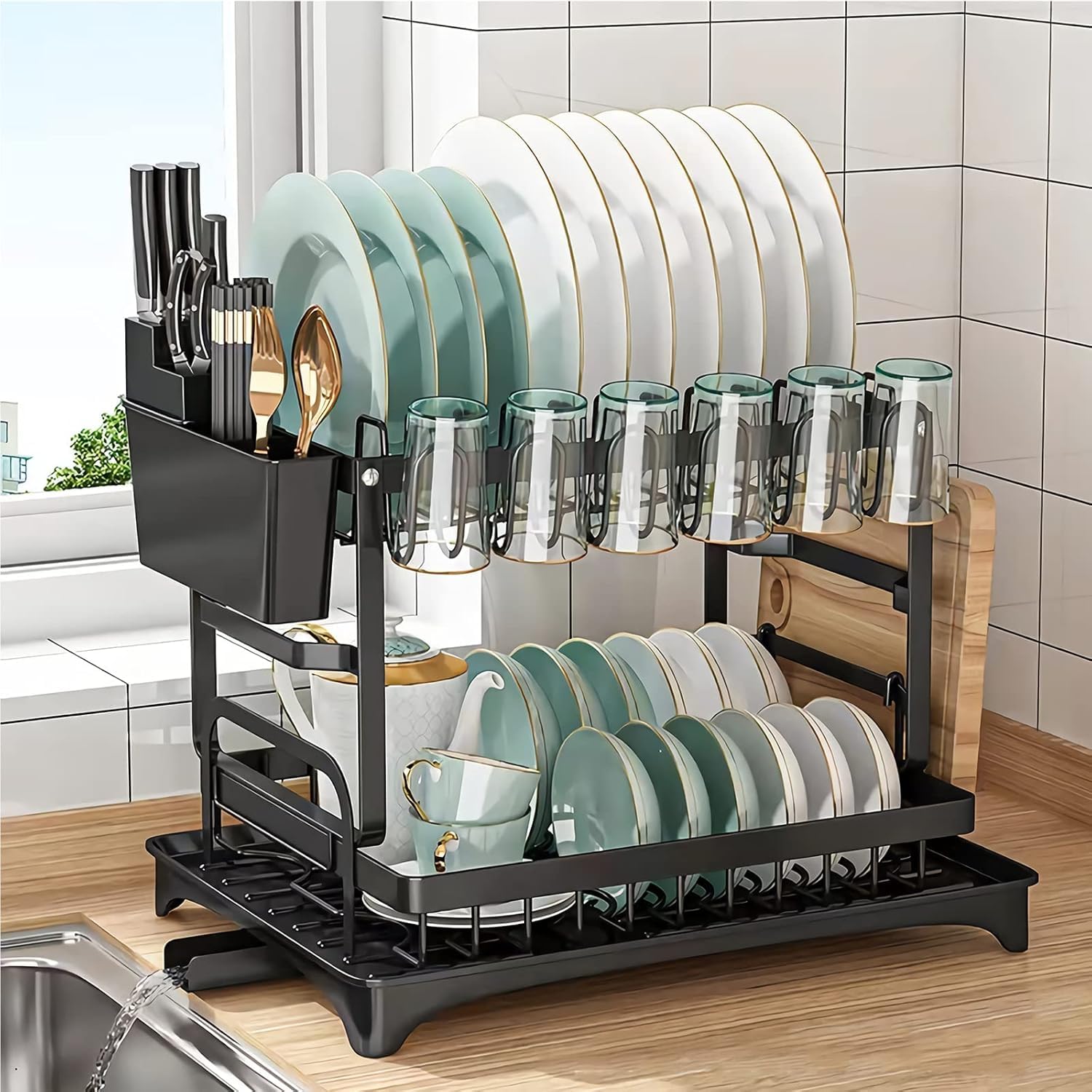 2 Tier Dish Drainer, Black Dish Drying Rack with Drip Tray, Stainless ...