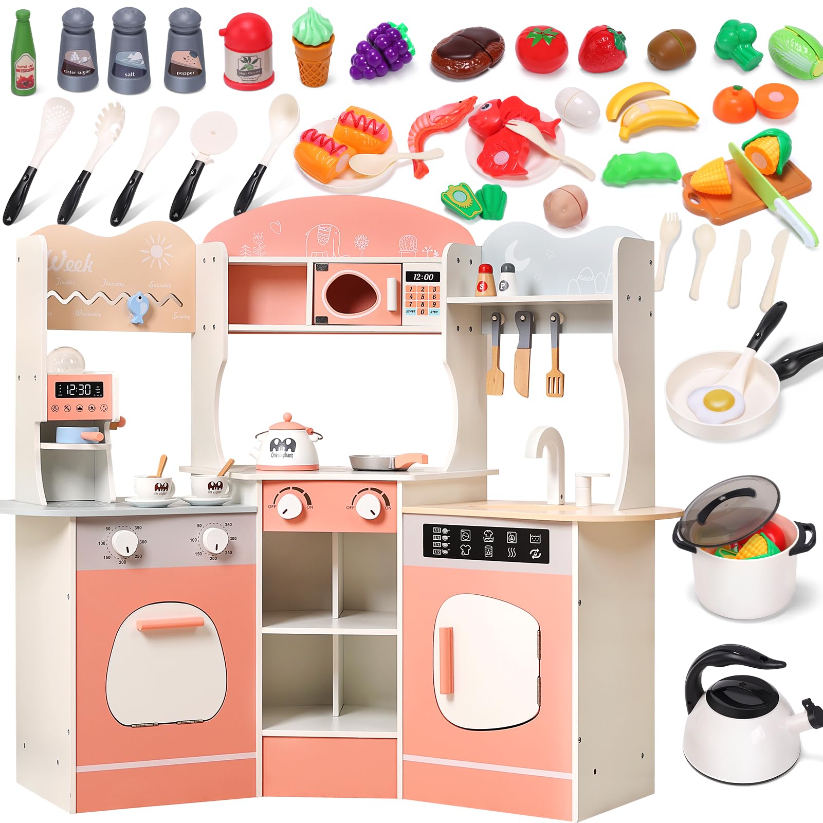 Amazon.com: CUTE STONE Wooden Play Kitchen for Kids, Toy Kitchen Set ...