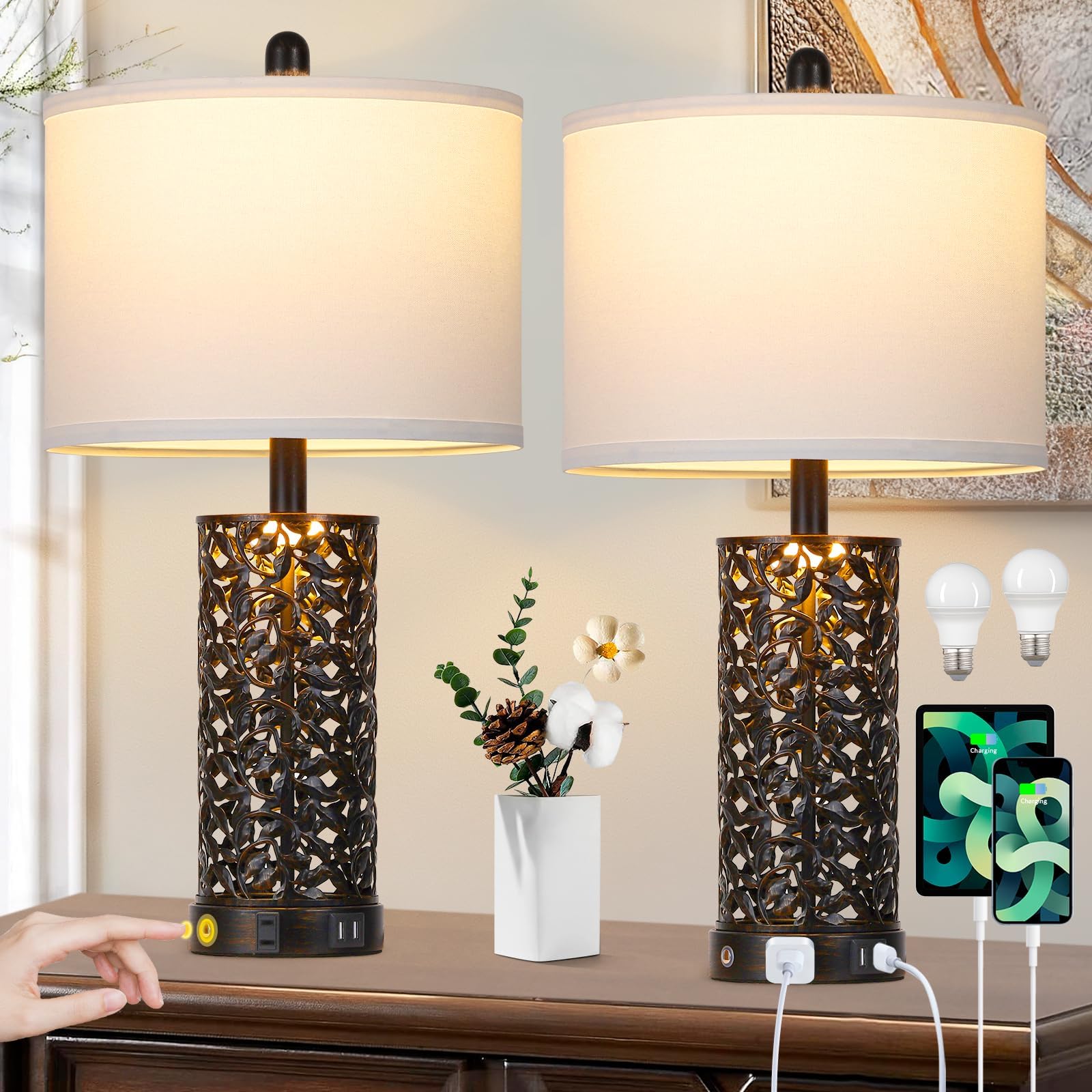 Cinkeda Vintage Lamp for Living Room Set of 2,Rustic Retro Bedside ...