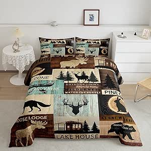 Amazon.com: Hunting Woodland Animal Comforter Set Queen Rustic Fox Bear Deer Moose Bedding Set ...