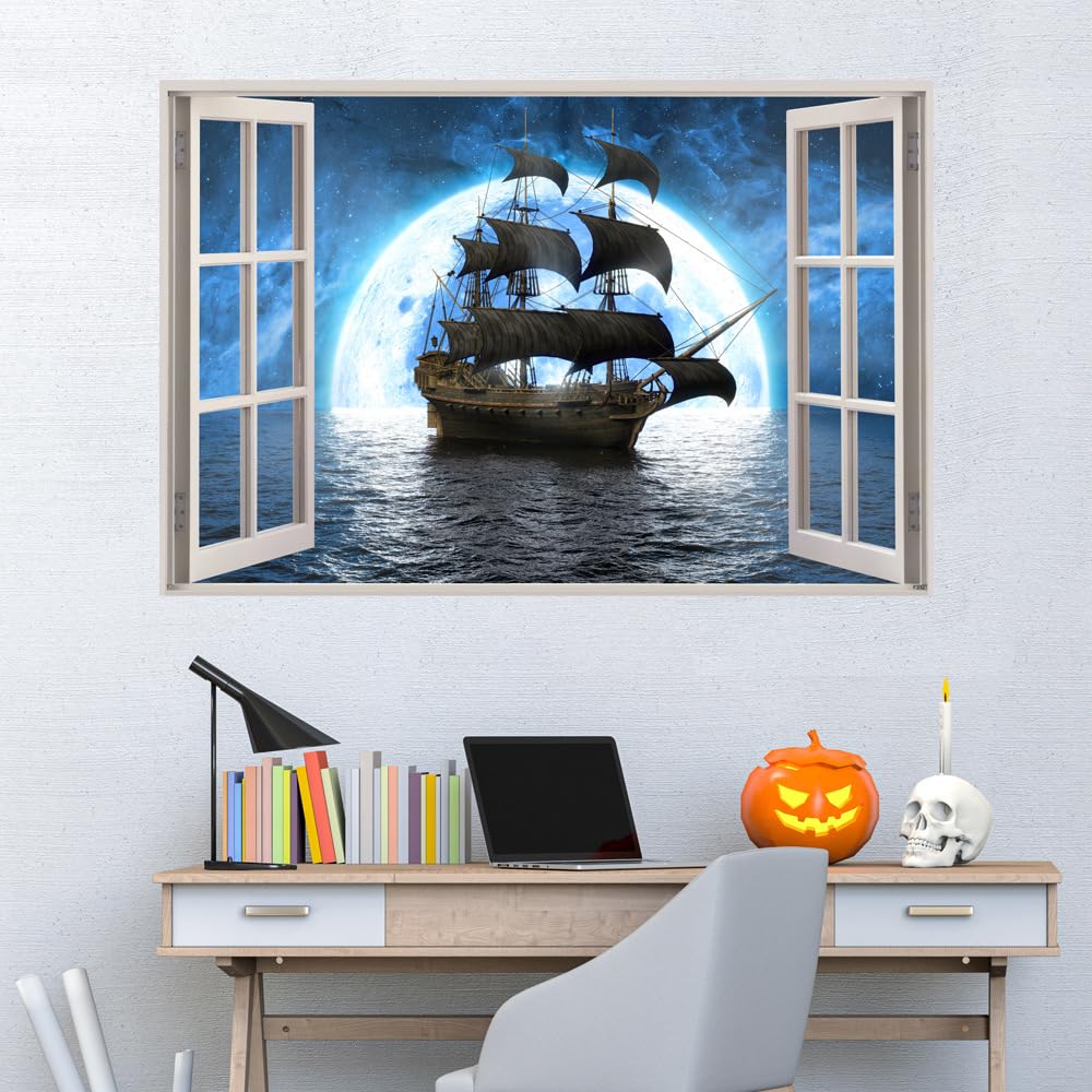 3D Pirate Ship Fake Windows Wall Sticker,Removable Ocean Sea Window ...