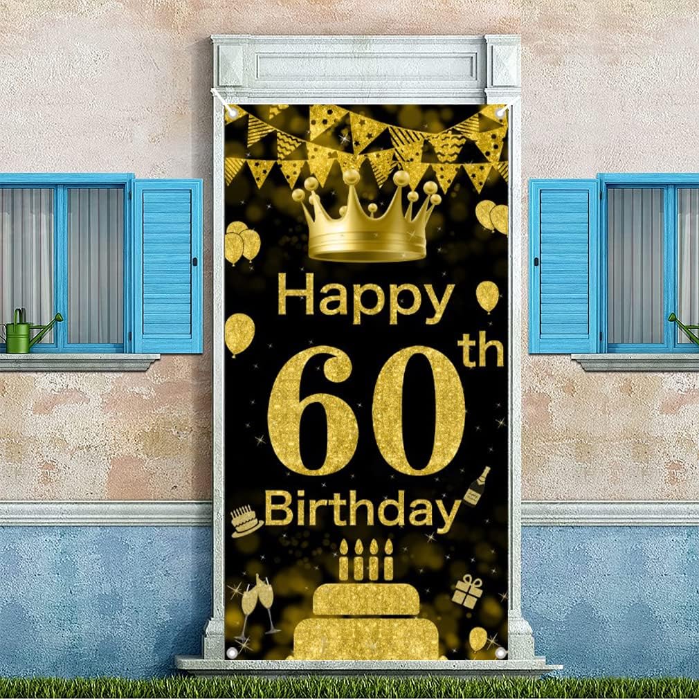 60th Birthday Party Decorative Door Cover, Large Black & Gold Happy ...