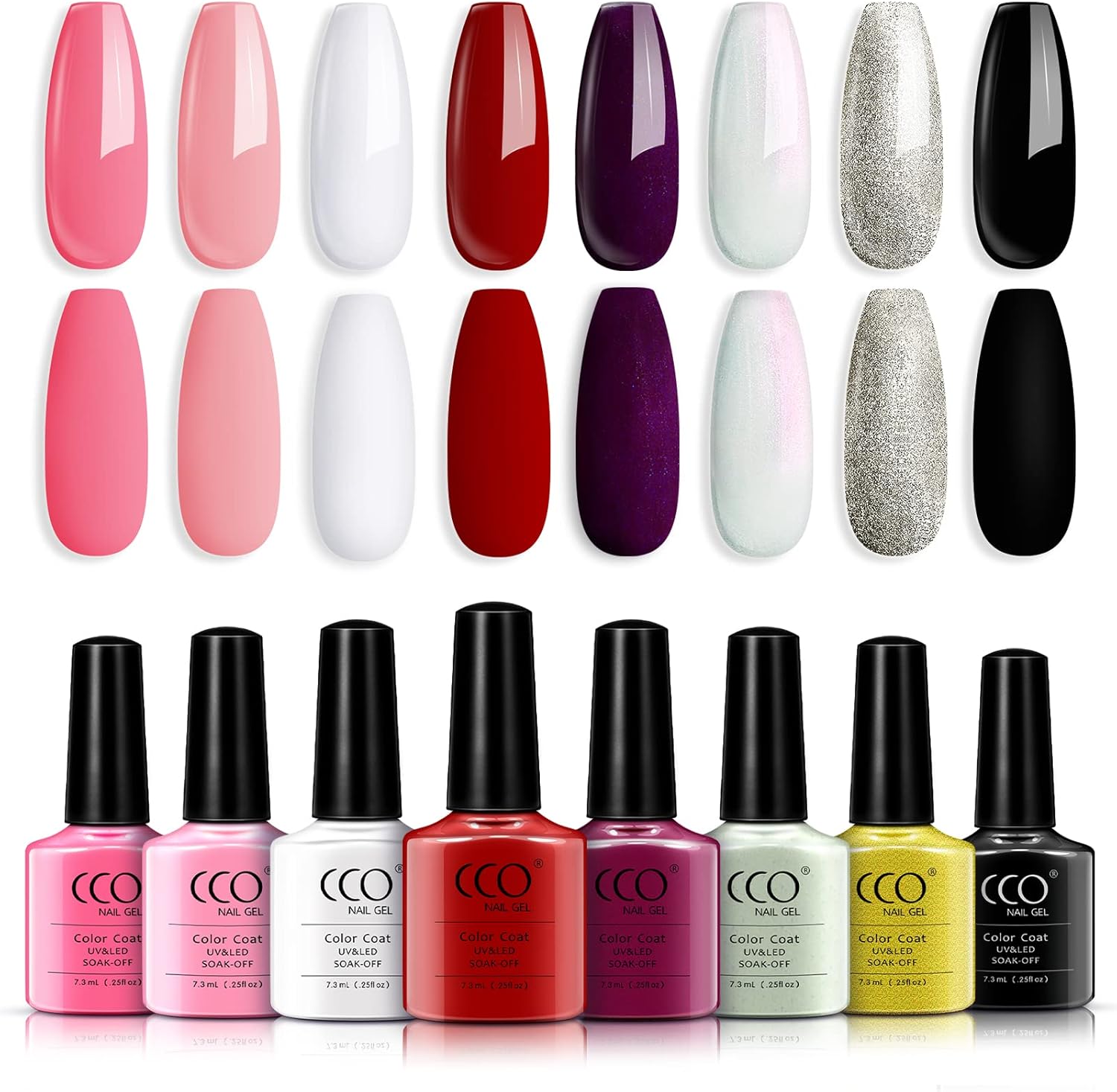 CCO Classic Gel Nail Polish Set,8 Colours Red Black Pink White Sliver Glitter Soak off Nail ...