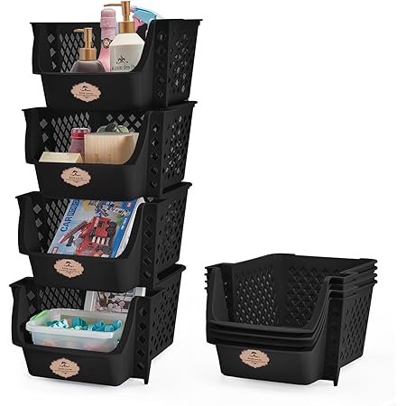 Amazon.com: Titan Mall Plastic Stackable Storage Bins 4 Pack, Stacking ...