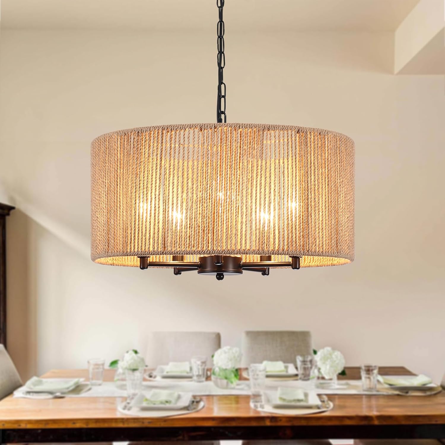 LASENCHOO 5 Lights Boho Drum Chandeliers for Dining Room Light Fixture ...