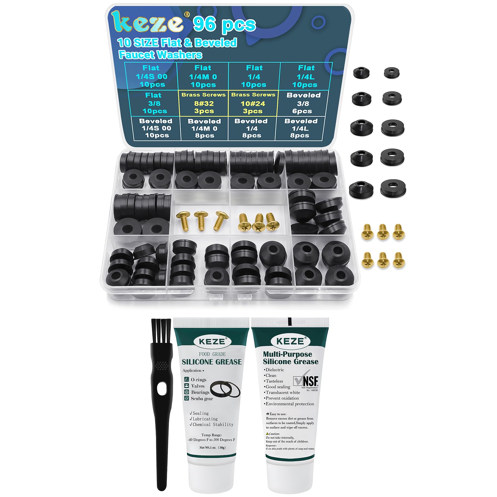 KEZE 96 PCS 10 Size Faucet Washers Assorted Kit and 1 oz 2-Pack ...