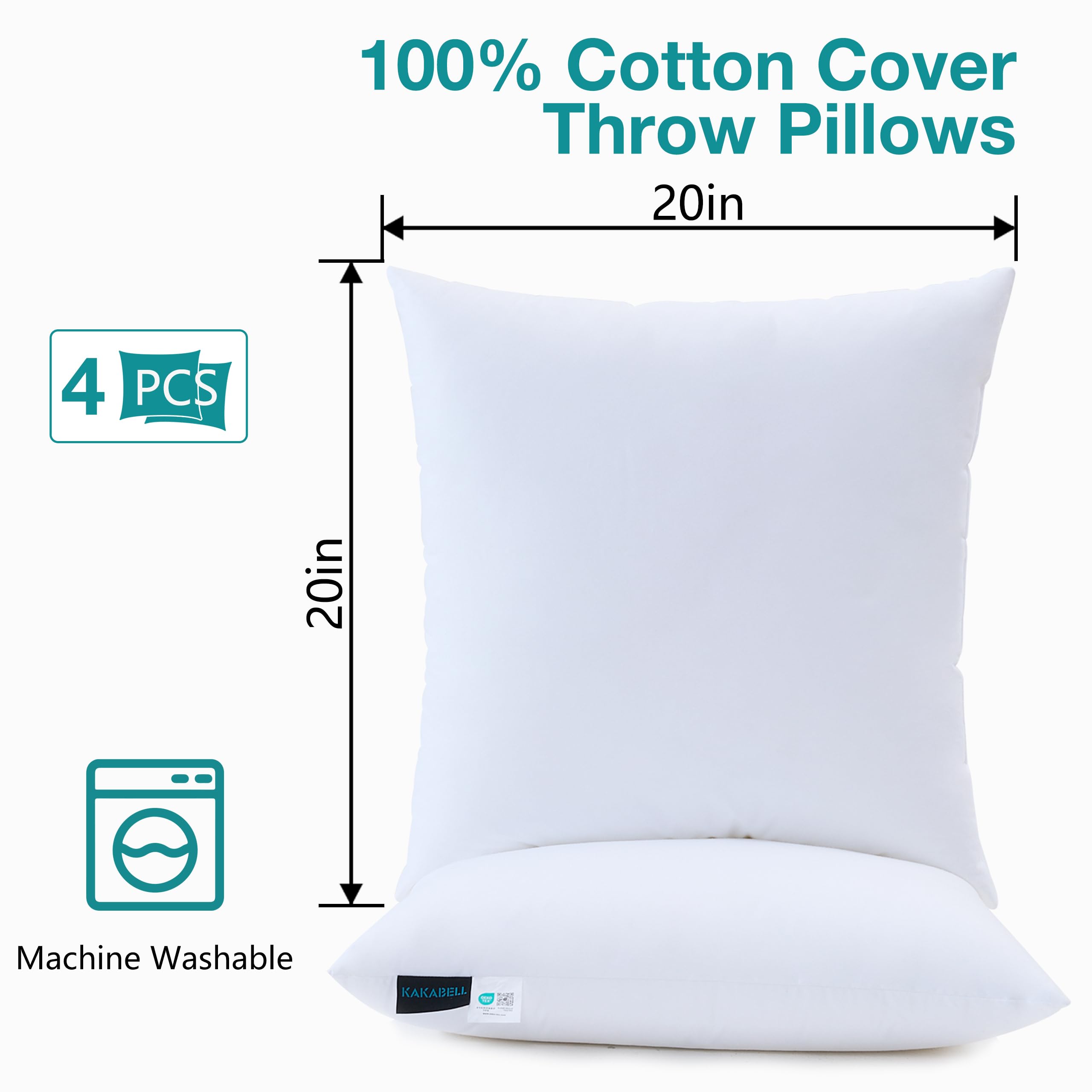 KAKABELL 20x20 Pillows Insert,Throw Pillows Insert (Pack of 4, White ...