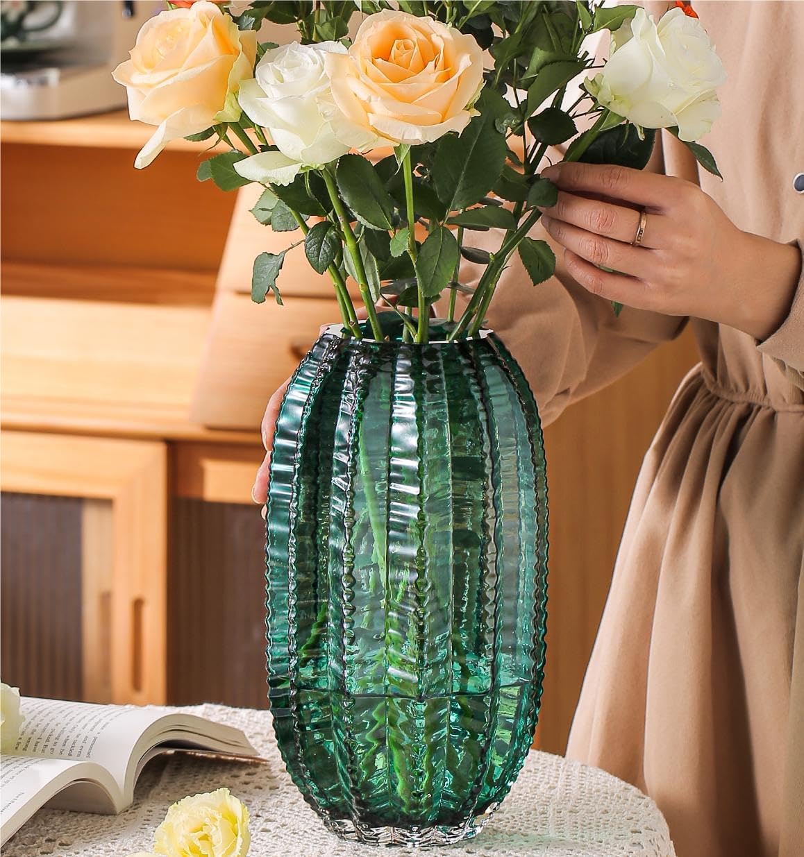 Amazon.com: Large Green Vase for Flowers,11 Inch Glass Floor Vase for ...