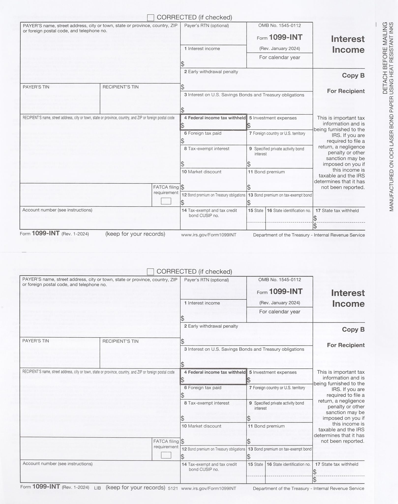 Snapklik.com : 1099 INT Interest Tax Forms Set 4 Part 10 Pack For 2024 ...
