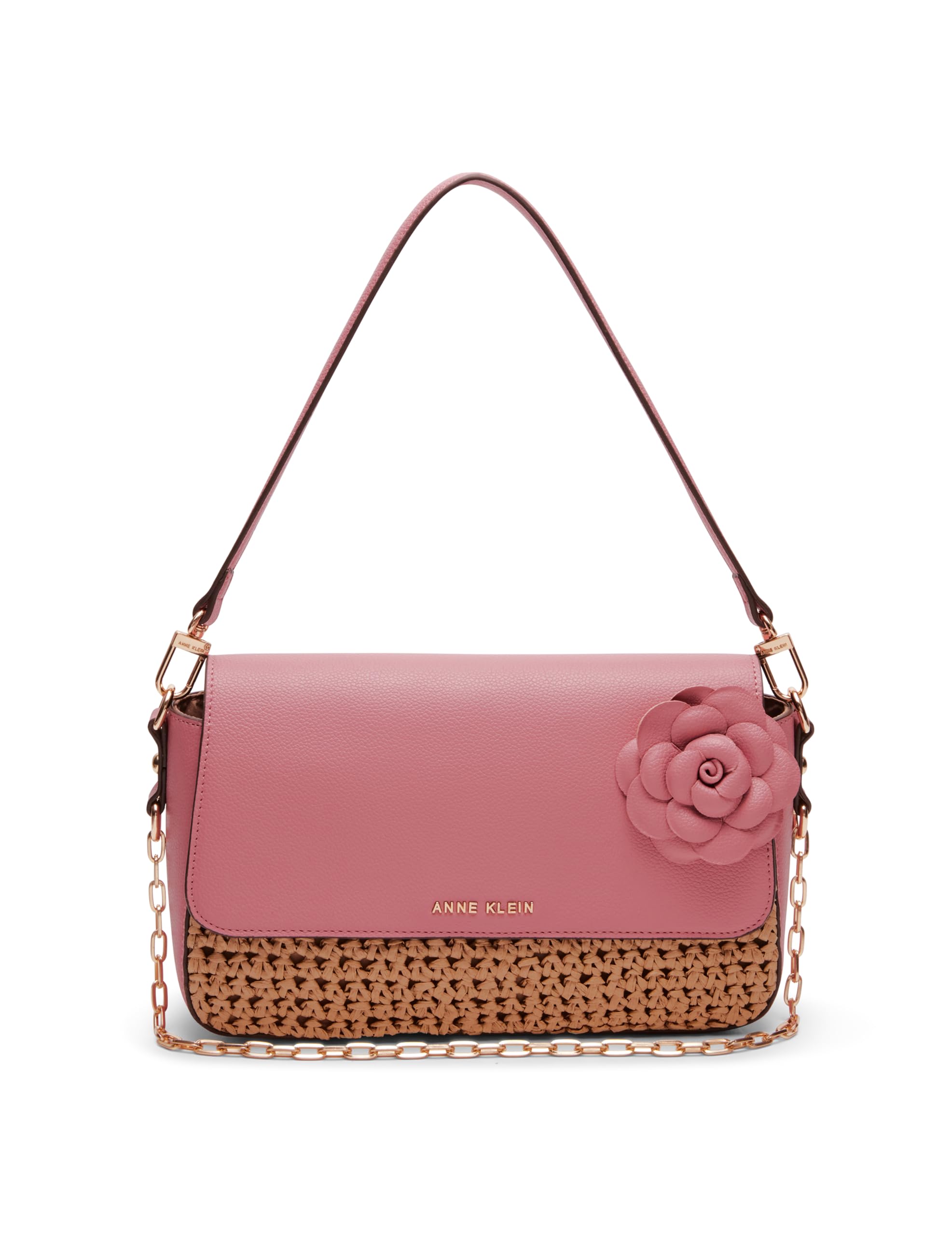 Anne Klein Soft Straw Flap Shoulder Bag with Floral Applique, Natural ...
