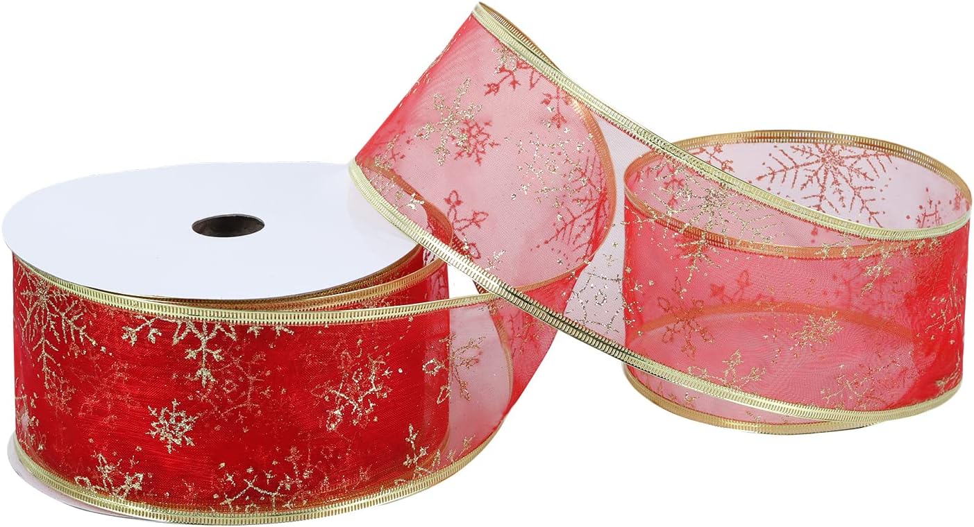 Arquiel 6.3cm x 45.7m Organza Ribbon Wired, Glitter Snowflakes Ribbons ...