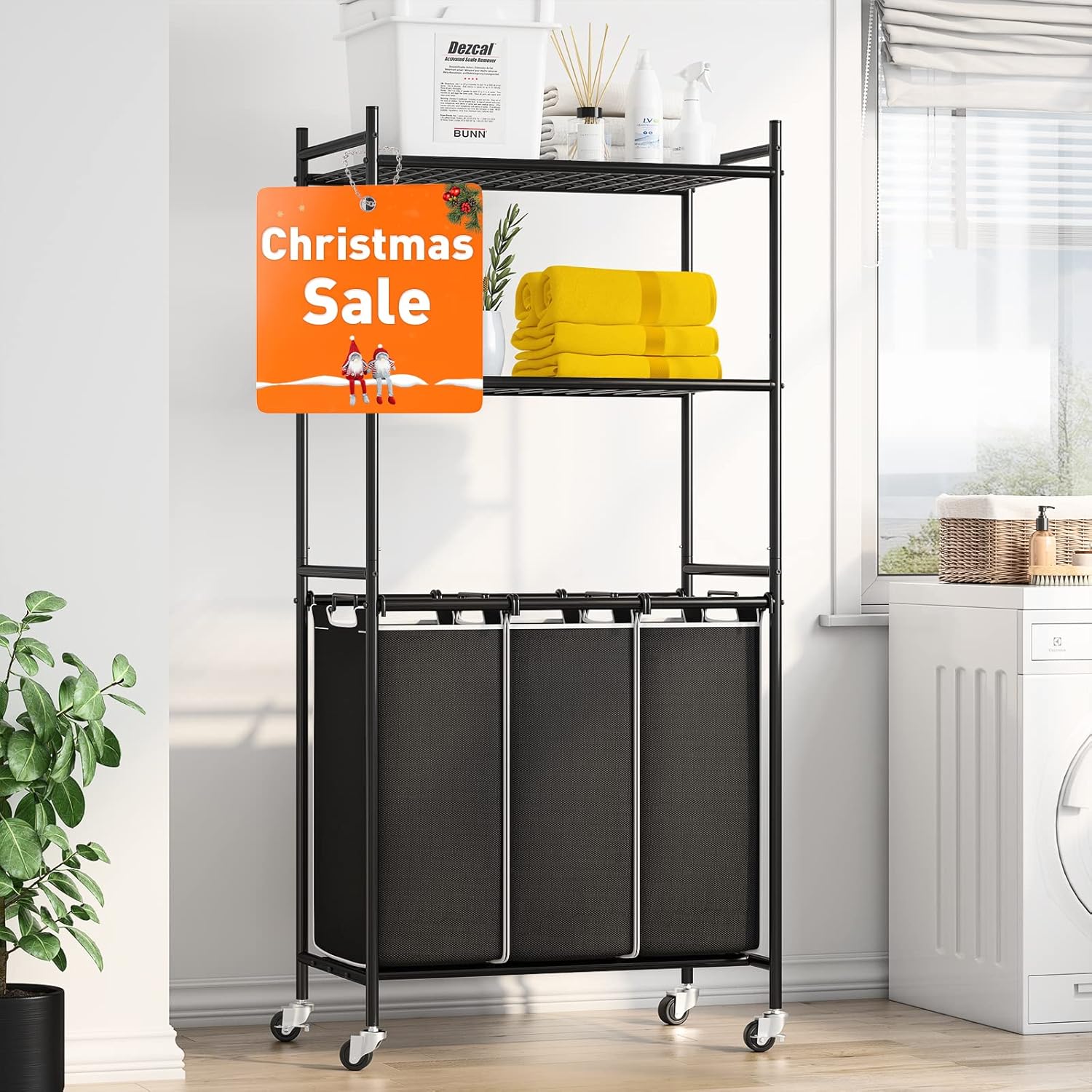 Amazon.com: Raybee Laundry Sorter 3 Section Rolling Laundry Hamper Cart ...