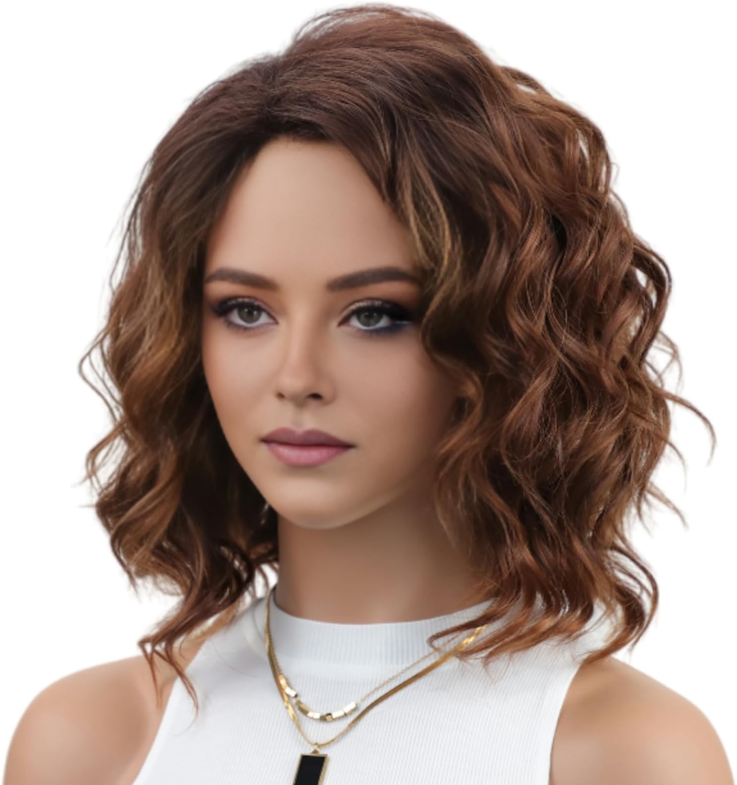 Amazon.com : RENERSHOW Layered Short Wigs Ombre Brown Wavy Bob Wigs for ...