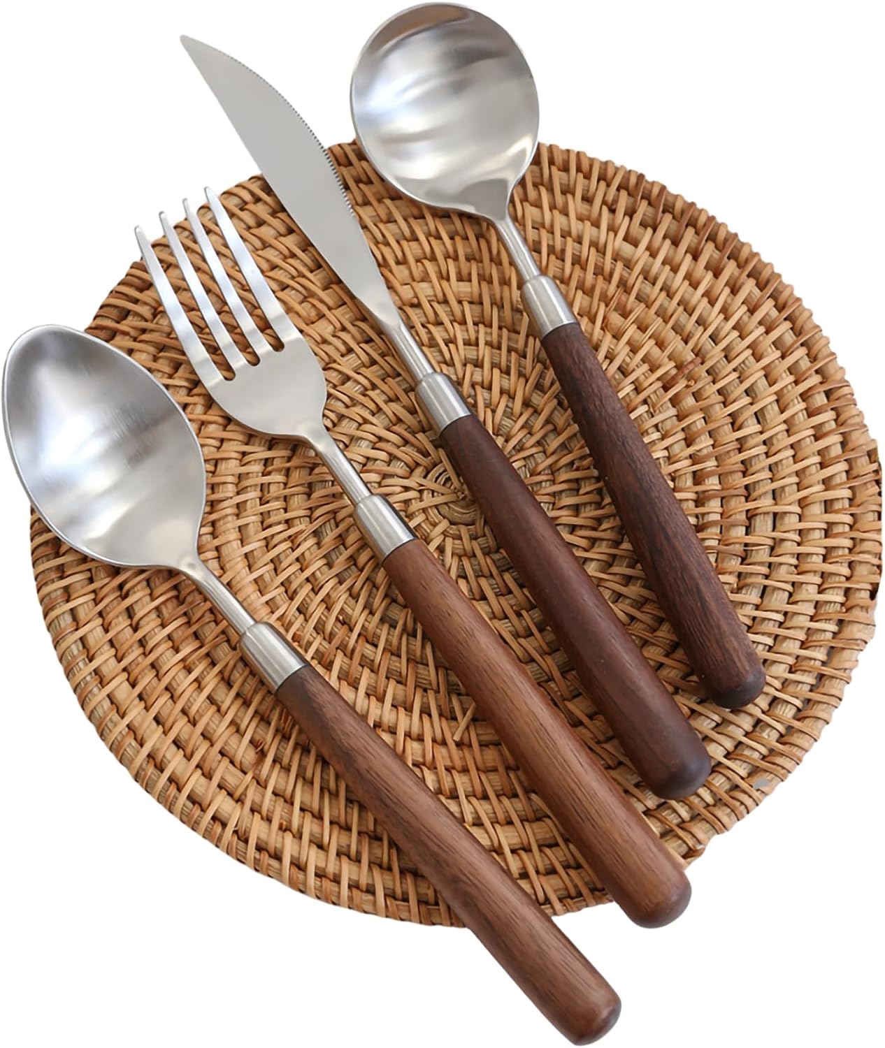 Natural Walnut Wood Style Handle Silverware Set, Wooden Flatware Set ...