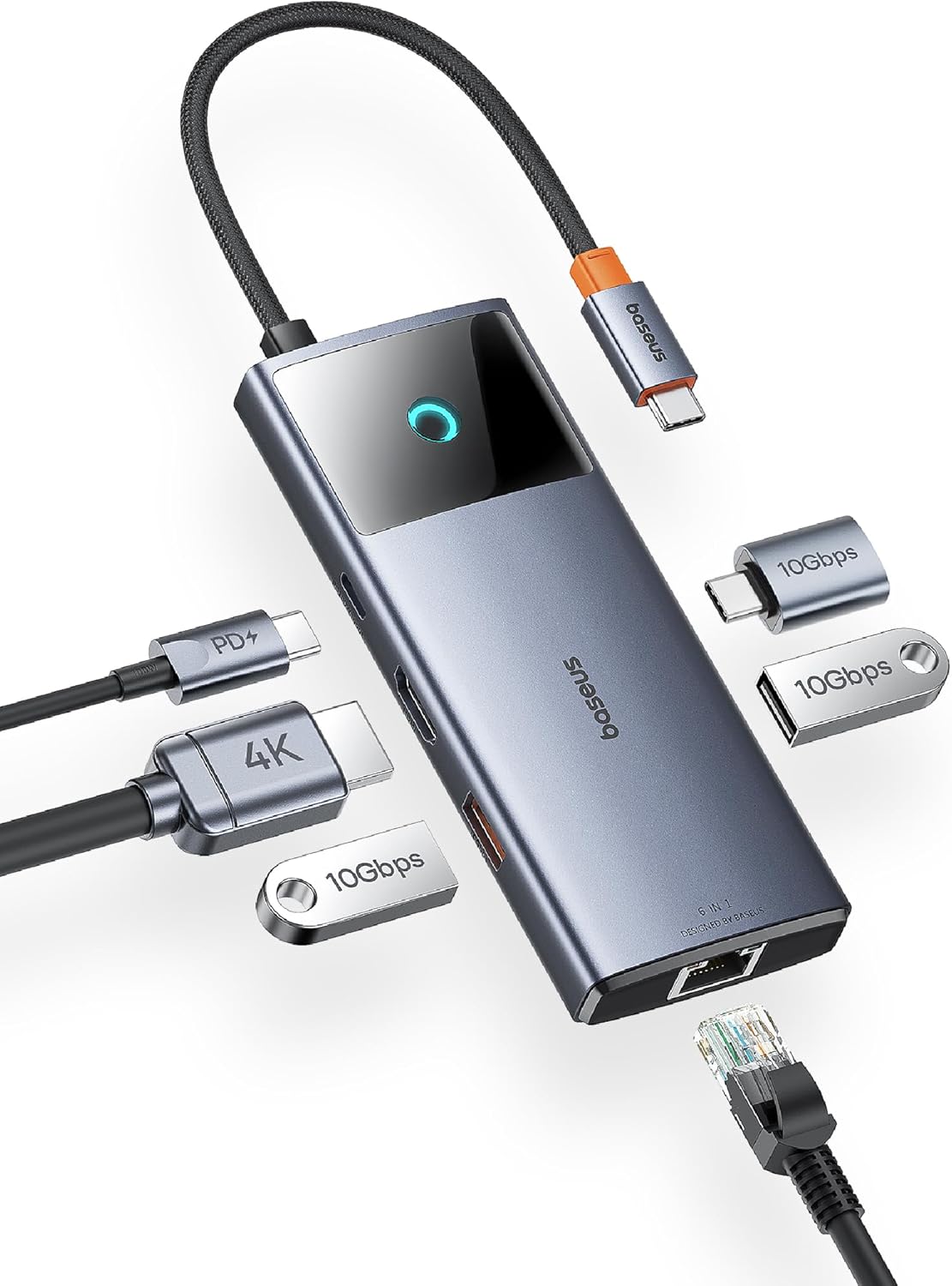 Baseus USB C Hub 10Gbps USB 3.2 Adapter with LAN Ethernet, 4K @ 60Hz HDMI, 2 USB-A, USB-C, 100W ...