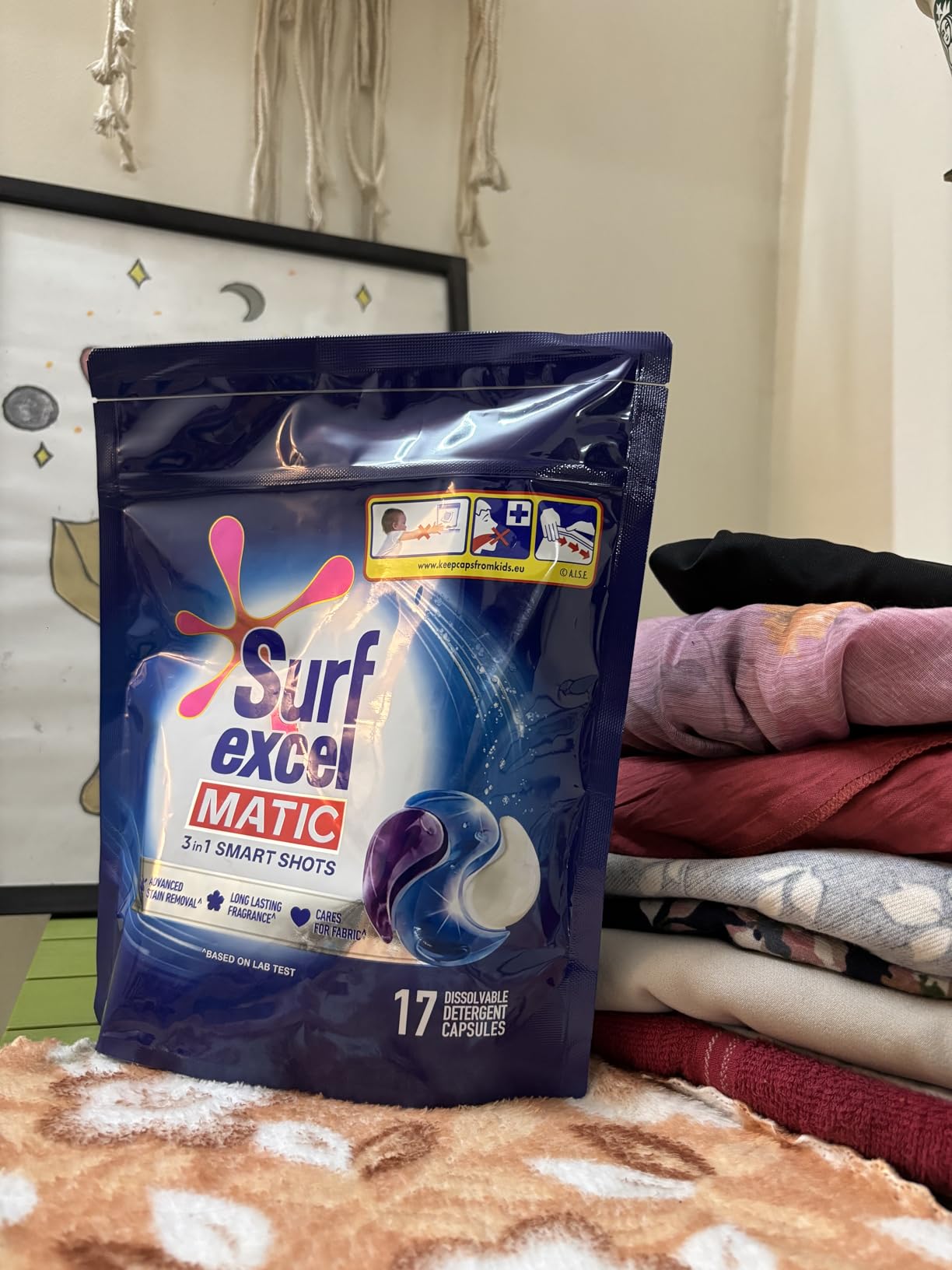 Surf Excel Matic 3 in 1 Smart Shots 17 pcs| Laundry Detergent Pods for ...