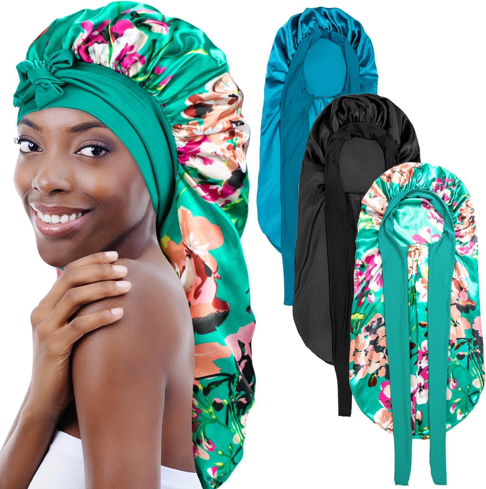 Amazon.com : 2Pcs Silk Hair Satin Bonnet for Sleeping Women,Large Satin ...