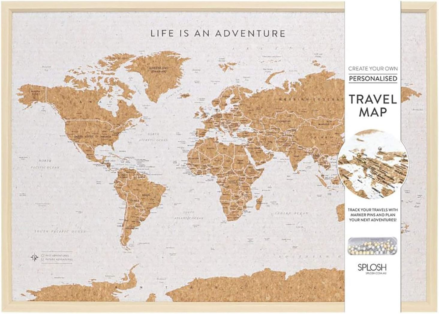 Splosh Travel Map - Large World Map Pin Board in White, Wooden Frame ...