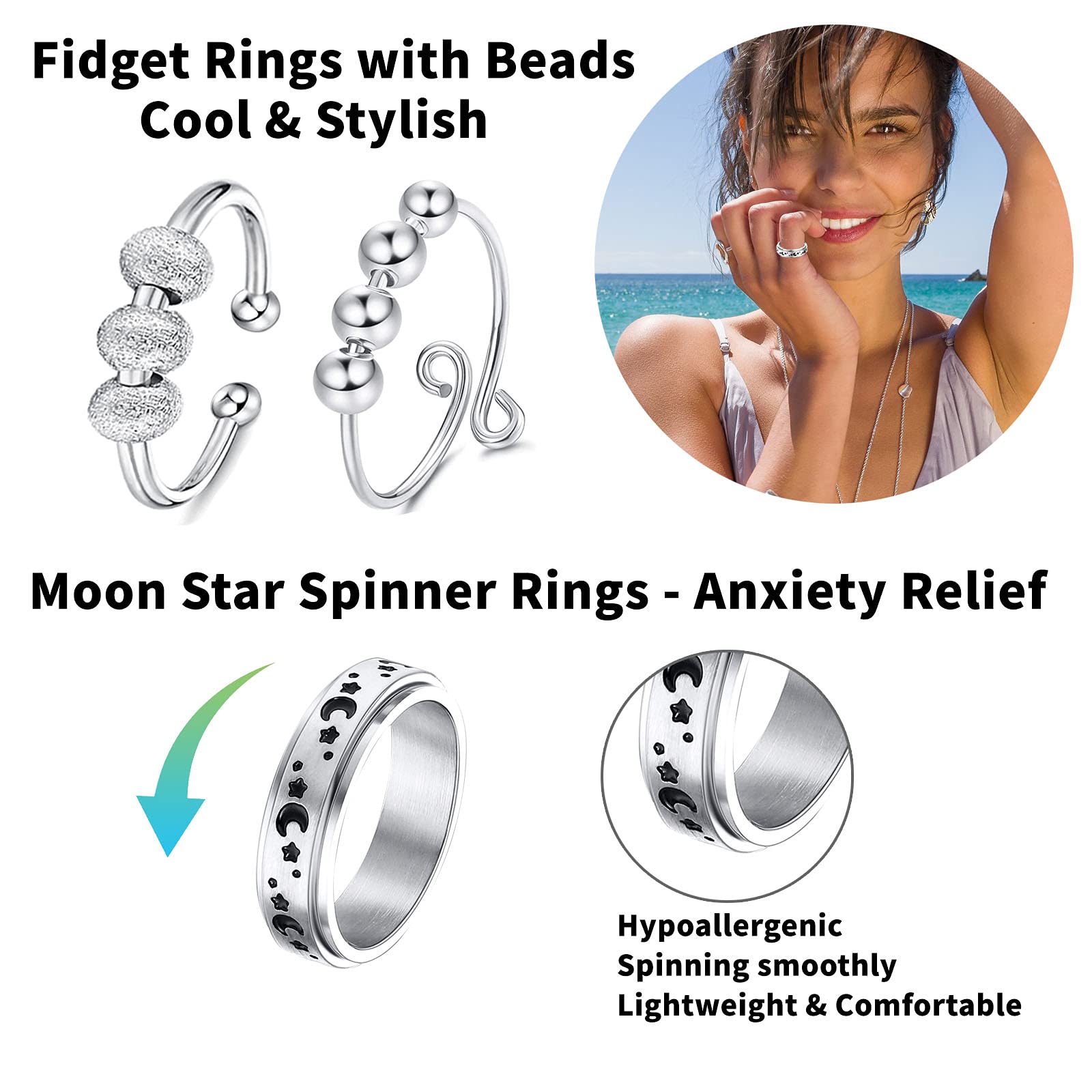 Snapklik.com : Fidget Rings For Anxiety 8pcs Stainless Steel Spinner ...