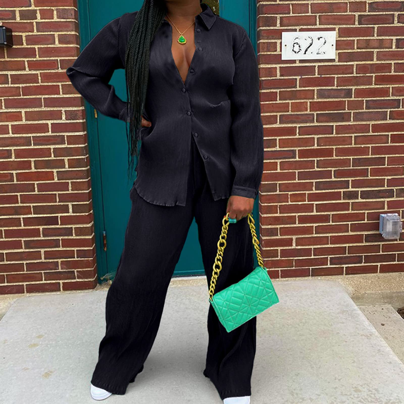 kaimimei Casual 2 Piece Outfit for Women - Linen Long Sleeve Button Down Shirt + Flare Pleated ...